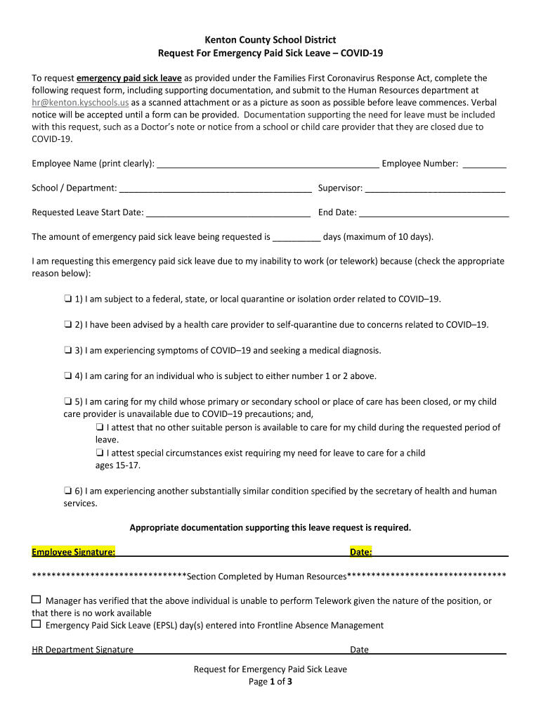 Fillable Online Request For Emergency Paid Sick Leave COVID-19 Fax ...