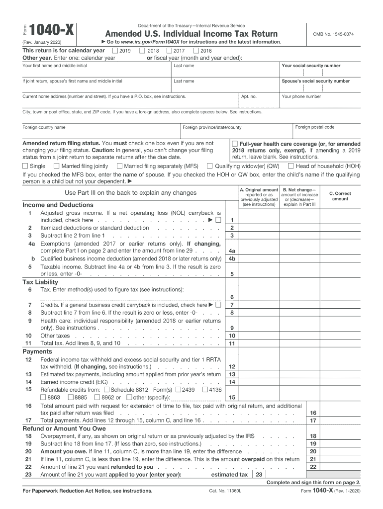 Amended US Individual Income Tax Return Form 1040-X - Blank Fillable ...