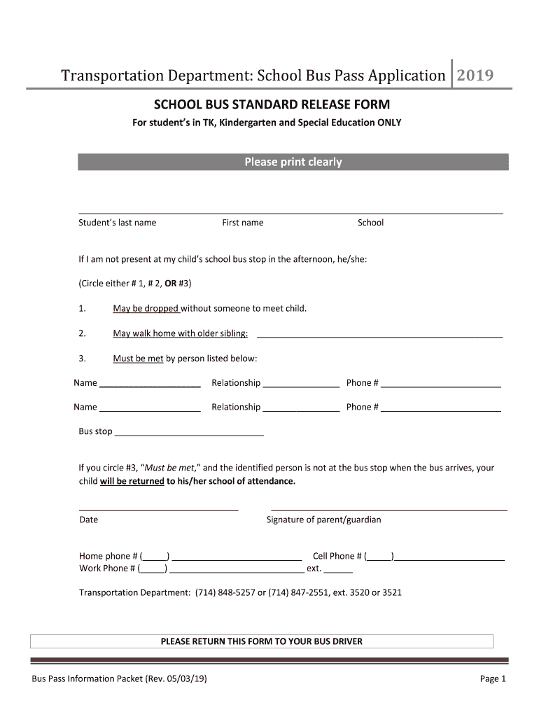 Fillable Online Transportation Department: School Bus Pass Application ...