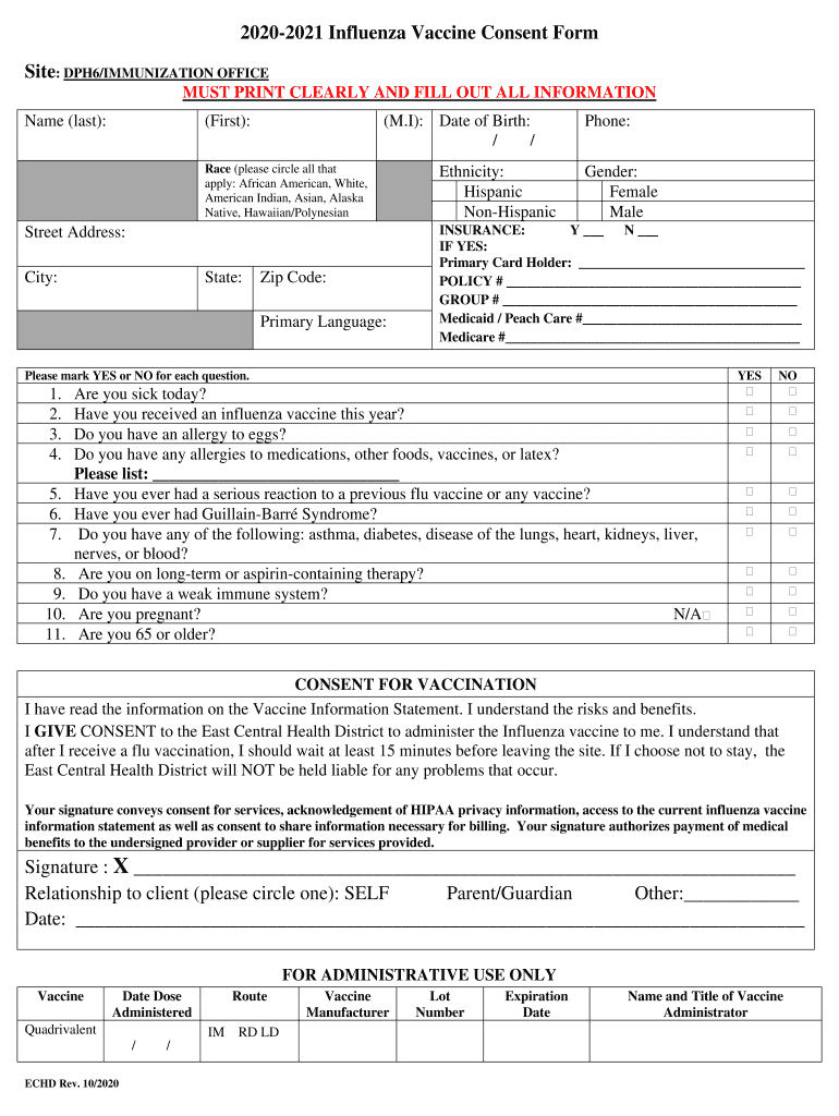 Fillable Online 2020-2021 Influenza Vaccine Consent Form Fax Email ...