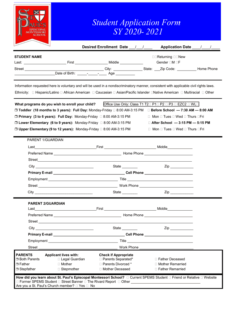 Fillable Online Student Application Form SY 2020- 2021 - St. Pauls ...