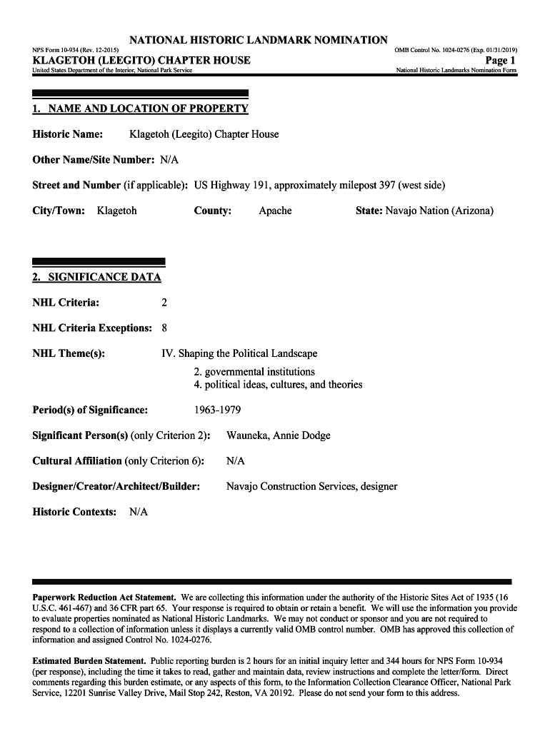 Fillable Online NHL Nomination Form Template. National Historic ...