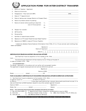 Fillable Online application form for inter district transfer - SEDSwat ...
