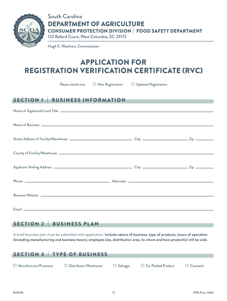 Fillable Online agriculture sc Registration Verification Certificate ...
