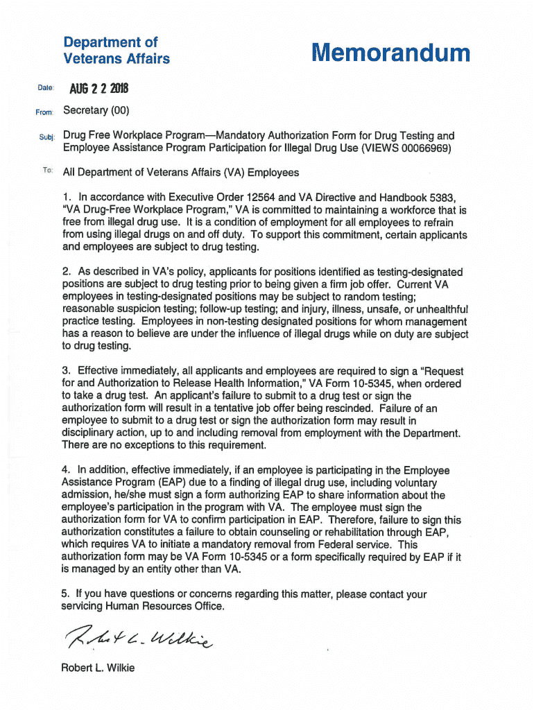 Fillable Online Department of Veterans Affairs Memo. Drug Free ...