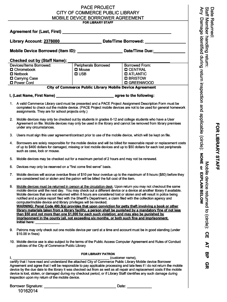 Fillable Online PACE Mobile Device Checkout Agreement Fax Email Print ...