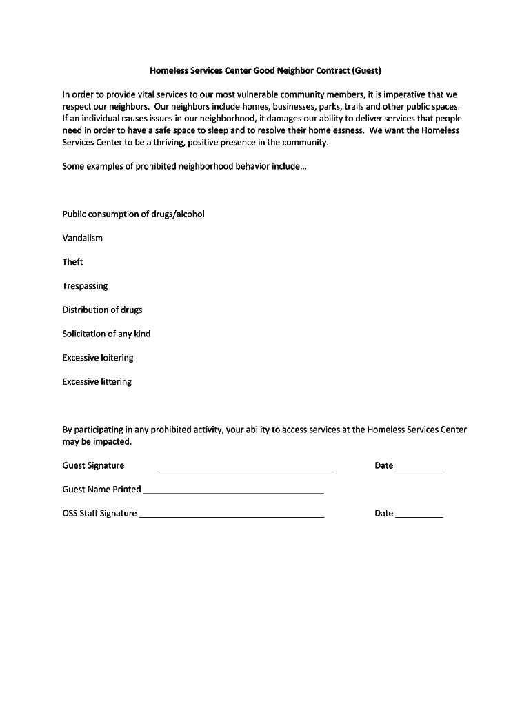 Fillable Online Homeless Services Center Good Neighbor Contract (Guest ...