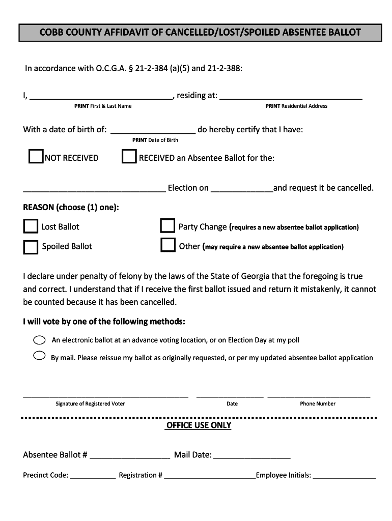 Fillable Online COBB COUNTY AFFIDAVIT OF CANCELLED/LOST/SPOILED ...