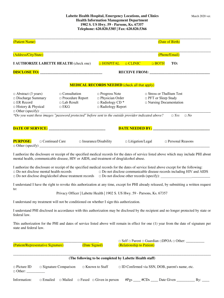 Fillable Online Labette Health Hospital, Emergency Locations, and ...