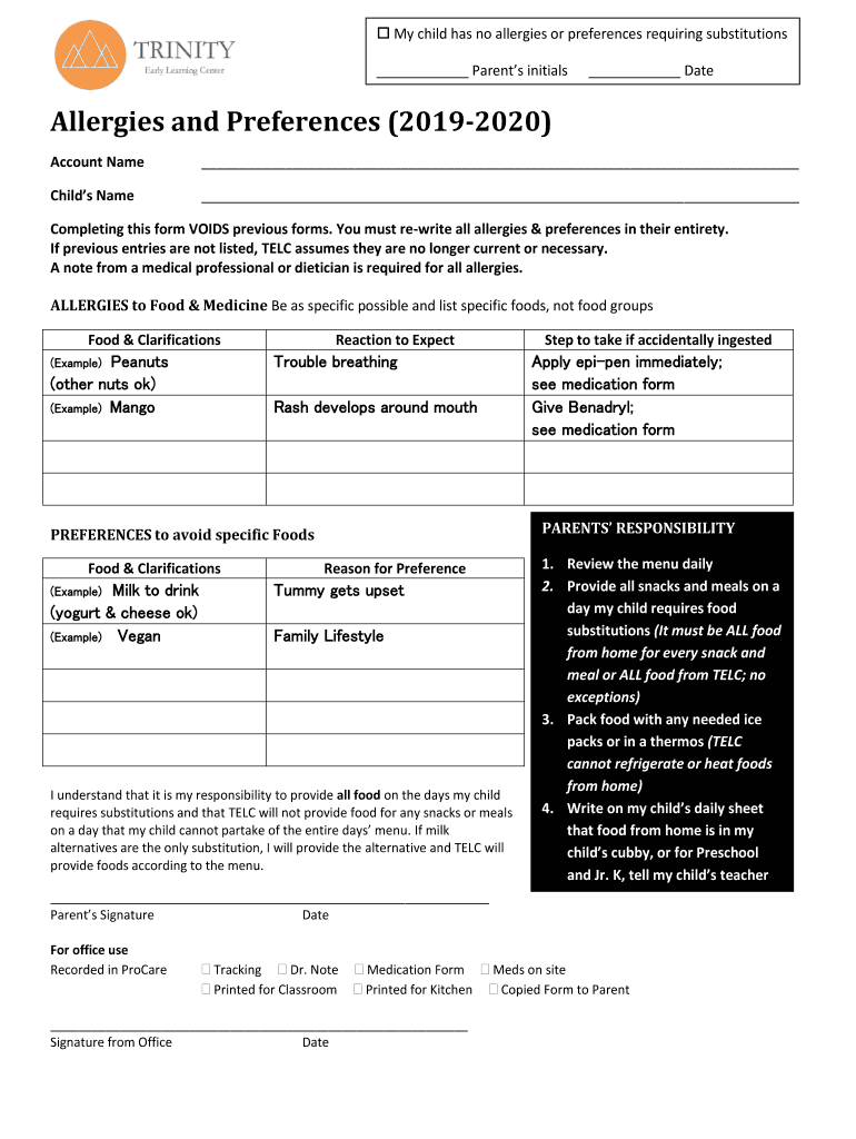 Fillable Online Allergy - Health - Dietary Notification Form - Peter ...