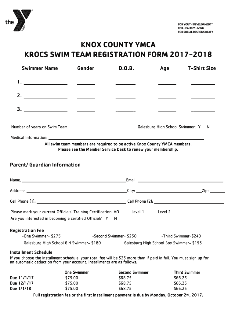 Fillable Online KROCS SWIM TEAM REGISTRATION FORM 2017-2018 Fax Email ...