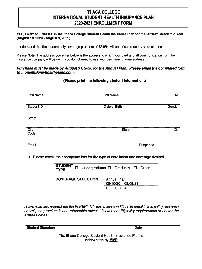 Fillable Online ithaca college student health insurance Fax Email Print ...