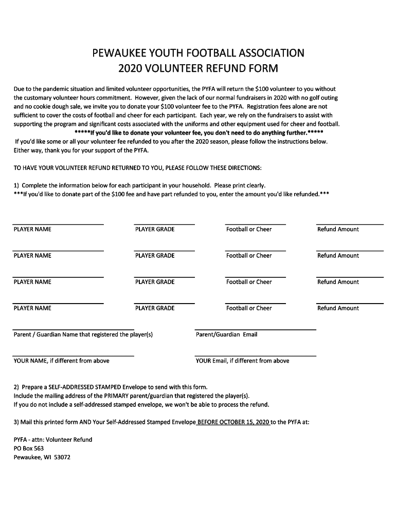 Fillable Online pewaukee youth football association 2020 volunteer ...