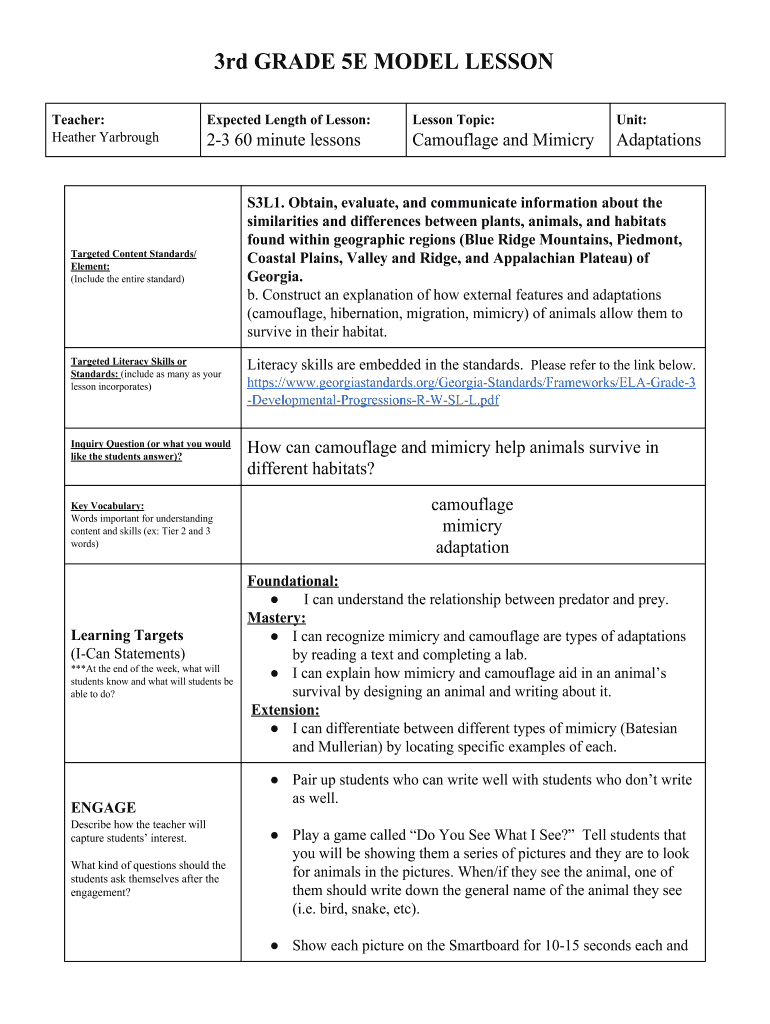 Fillable Online 3rd GRADE 5E MODEL LESSON Fax Email Print - pdfFiller
