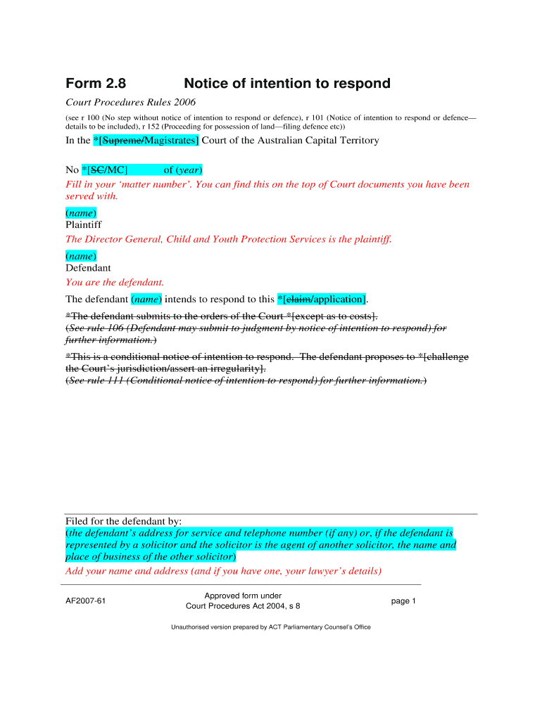 Fillable Online Form 2.8 - Notice of intention to respond (example ...