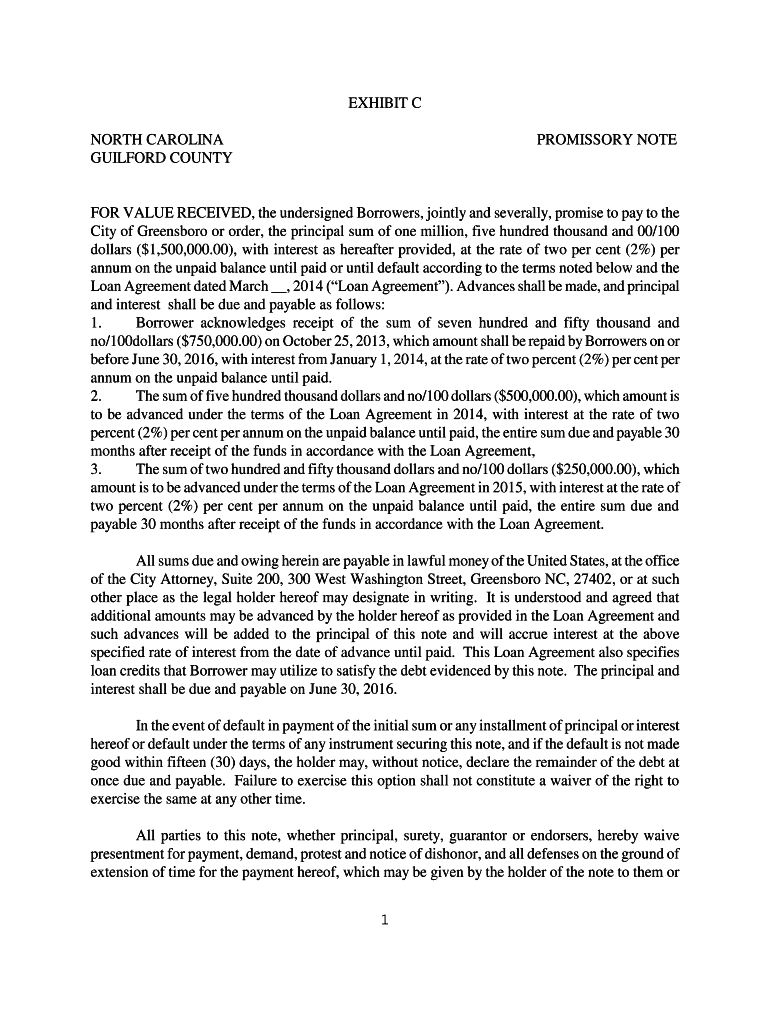 Fillable Online 1 EXHIBIT C NORTH CAROLINA PROMISSORY NOTE GUILFORD ...