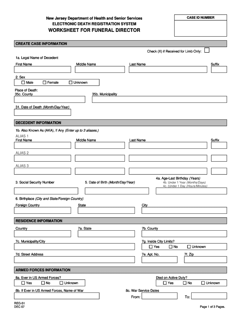 Fillable Online REG-51, EDRS, Worksheet for Funeral Director Fax Email ...