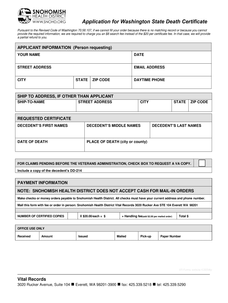 Fillable Online Application for Washington State Death Certificate Fax ...