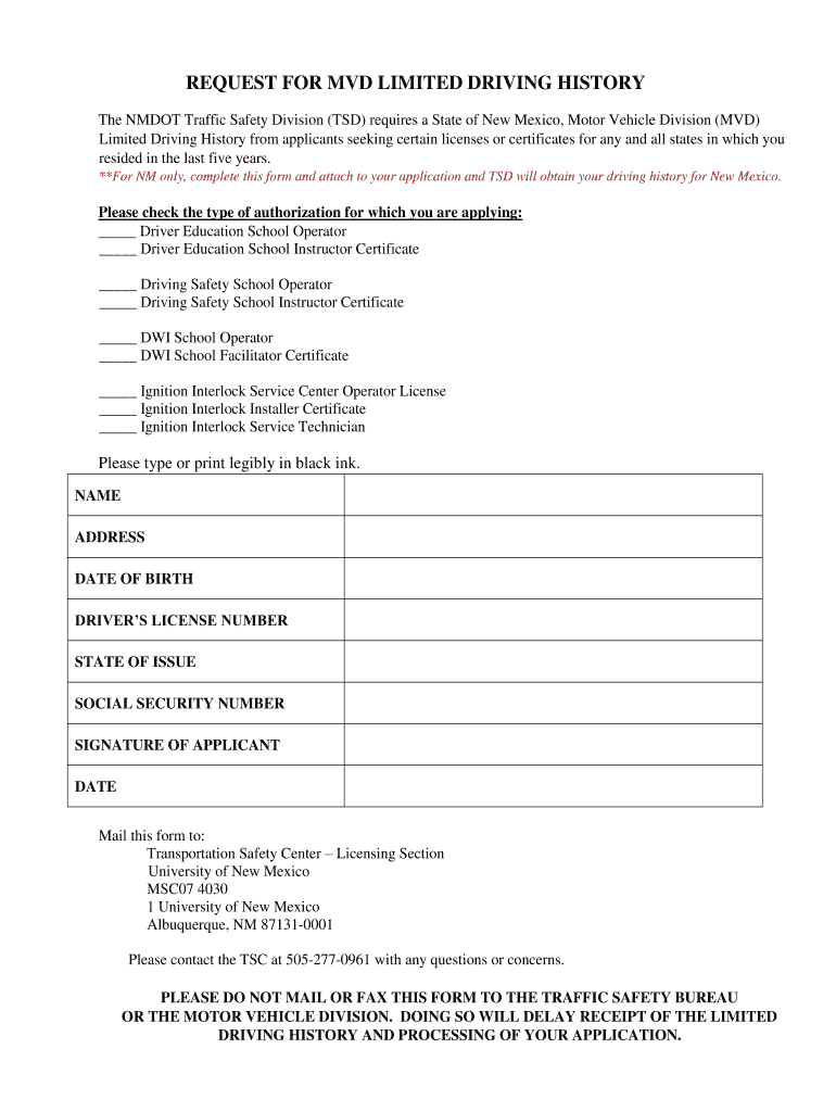 Fillable Online transportation unm REQUEST FOR MVD LIMITED HISTORY DRIVING RECORD Fax Email ...