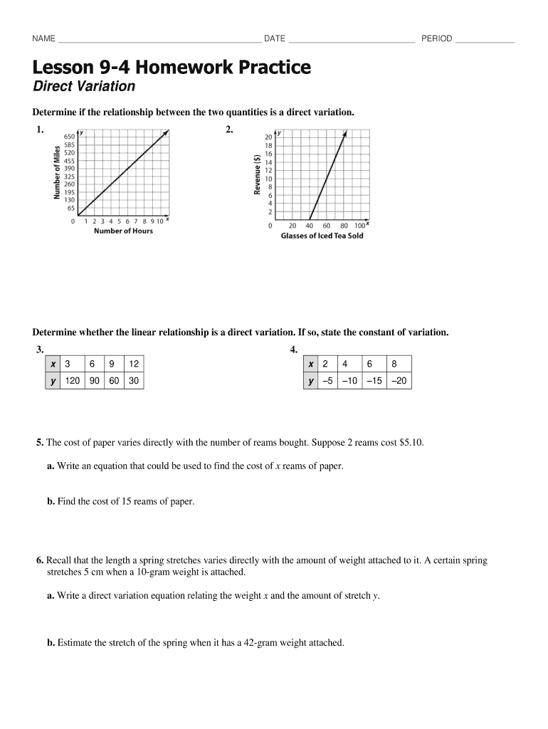 Fillable Online lesson 4 homework practice direct variation answer key ...
