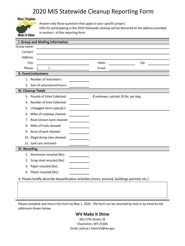 Fillable Online dep wv 2020 MIS Statewide Cleanup Reporting Form.xlsx ...
