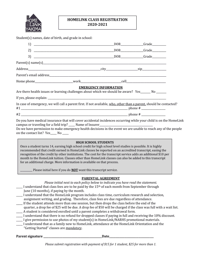 Fillable Online Homelink Class Registration Fax Email Print - pdfFiller
