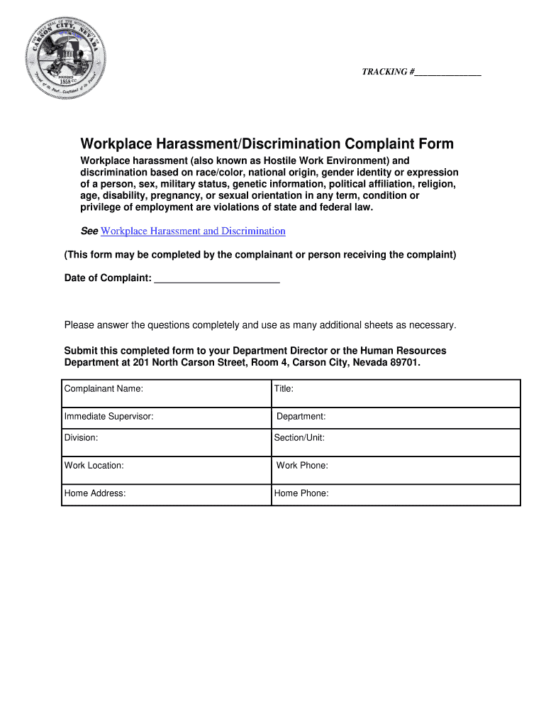 Fillable Online Workplace Harassment/Discrimination Complaint Form Fax ...