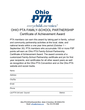 Fillable Online 2020 OHIO PTA FAMILY-SCHOOL PARTNERSHIP Certificate of ...