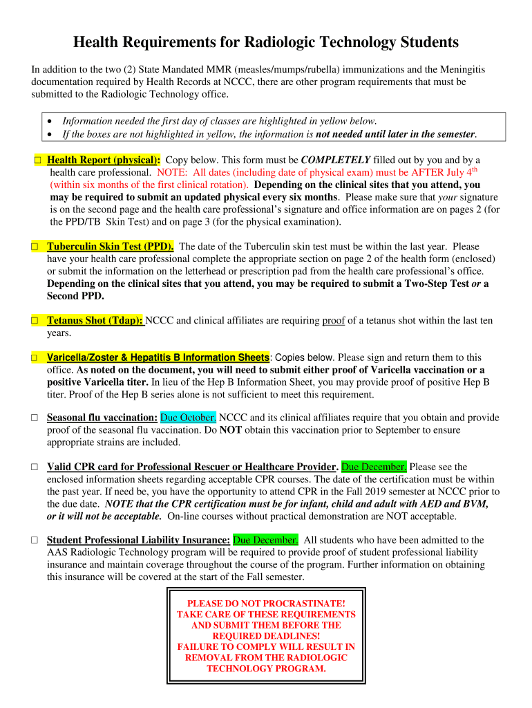 Fillable Online Health Requirements for Radiologic Technology Students ...