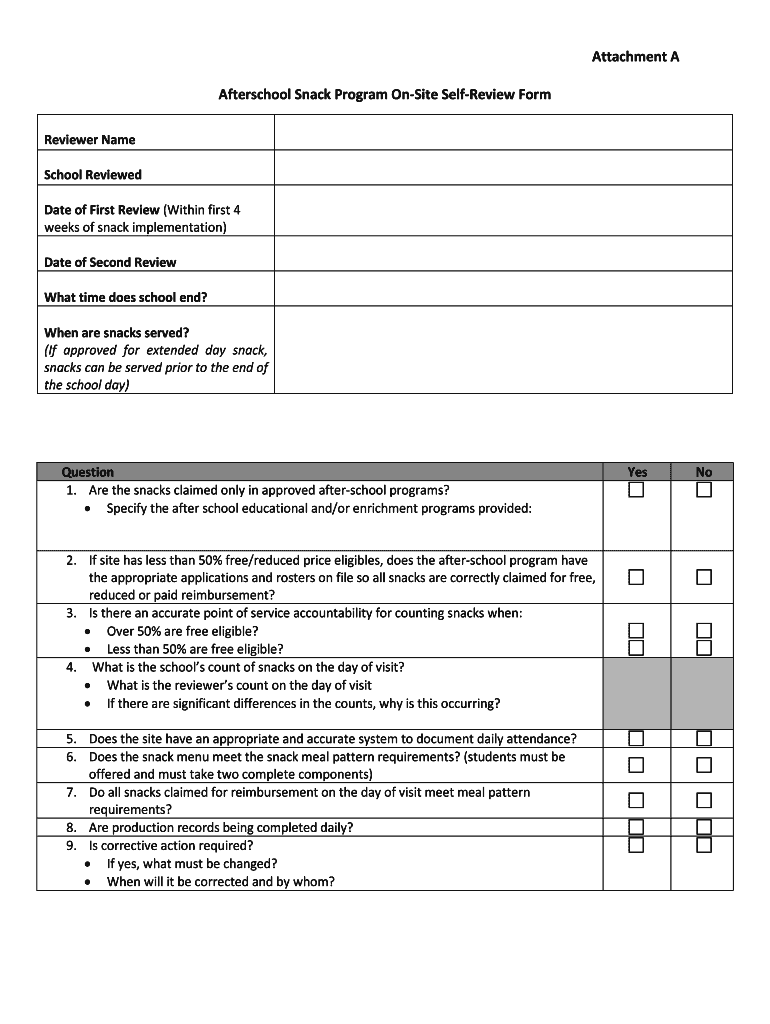 Fillable Online Afterschool Snack Program On-Site Self-Review Form Fax ...