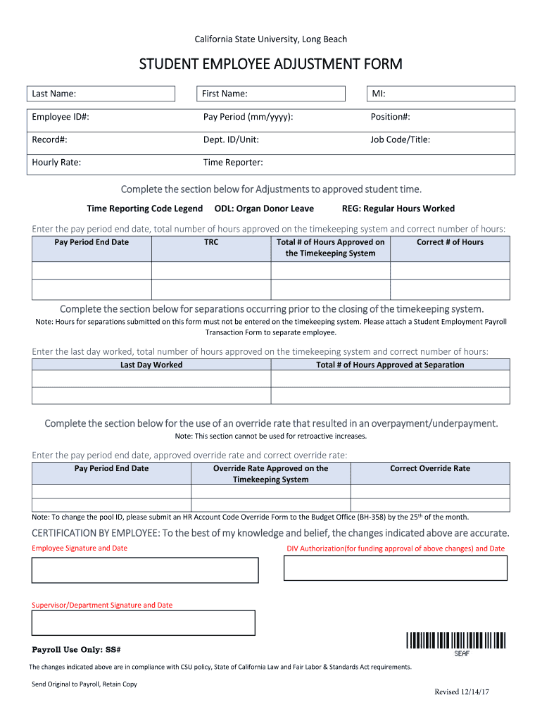 Fillable Online Student Employee Adjustment Form Fax Email Print ...