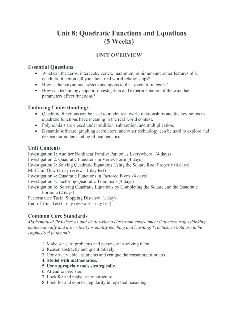 Fillable Online Unit 8: Quadratic Functions and Equations - CT.gov Fax ...