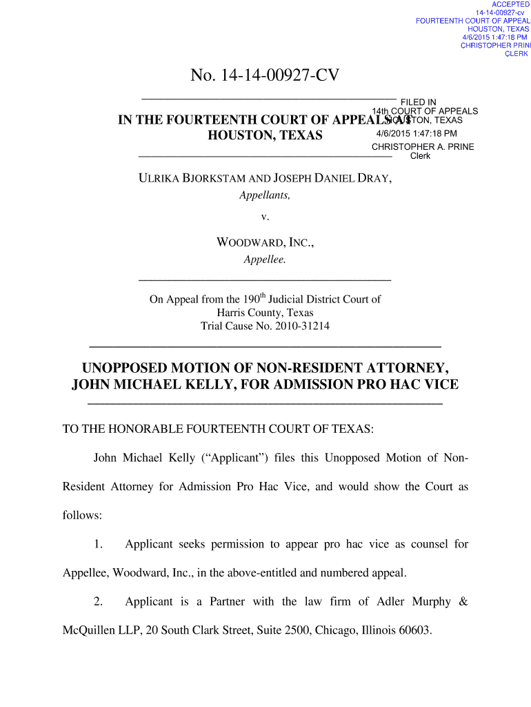 Fillable Online Woodward - Unopposed Motion for Non-Resident Attorney ...