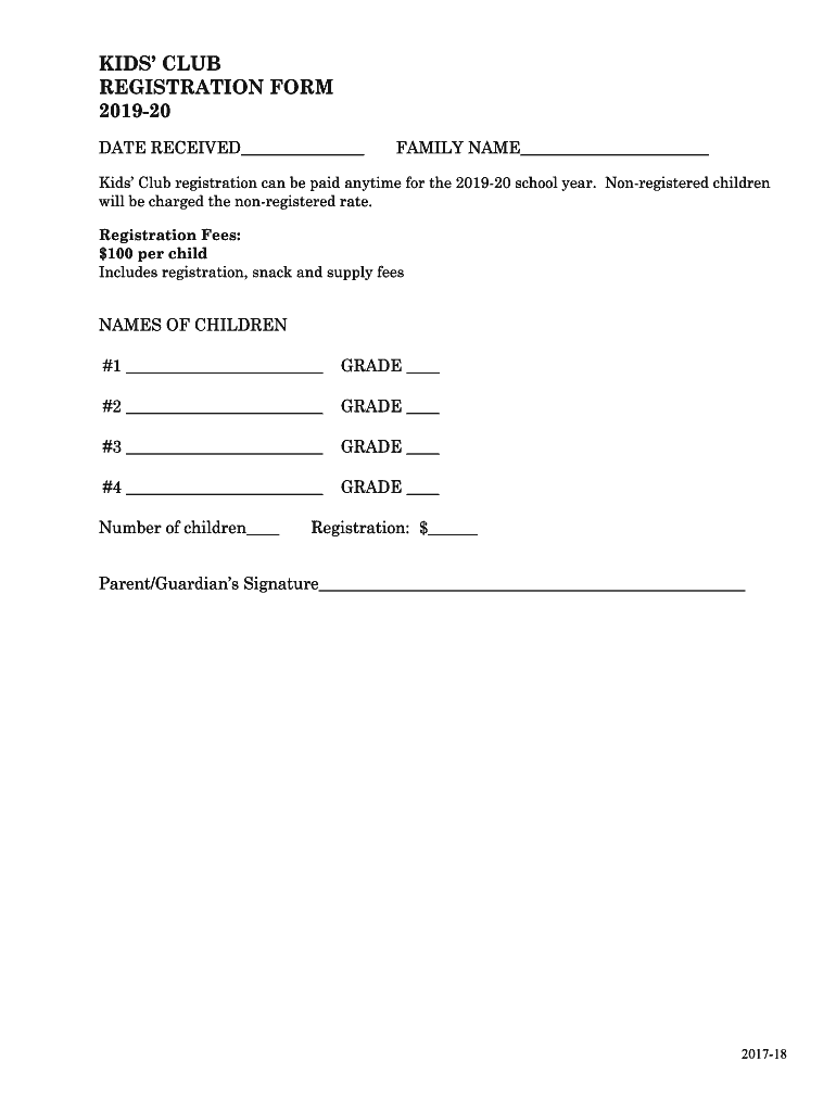 Fillable Online Kids Club registration can be paid anytime for the 2019 ...