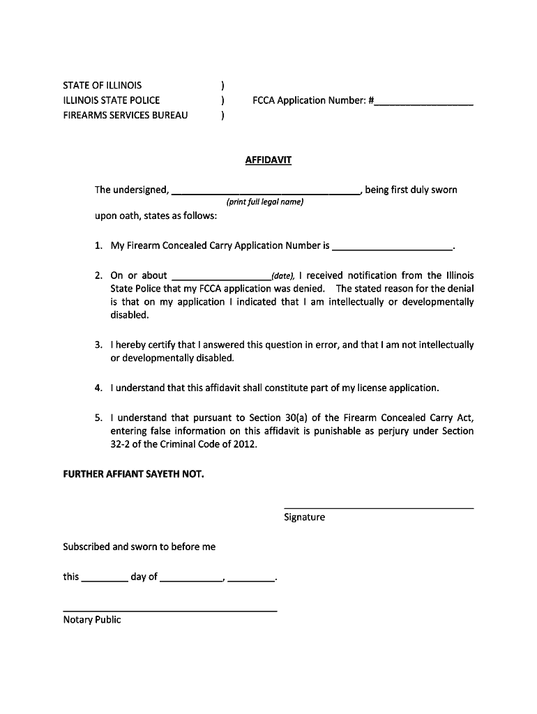 Fillable Online FIREARMS SERVICES BUREAU ) AFFIDAVIT T - Illinois Carry ...