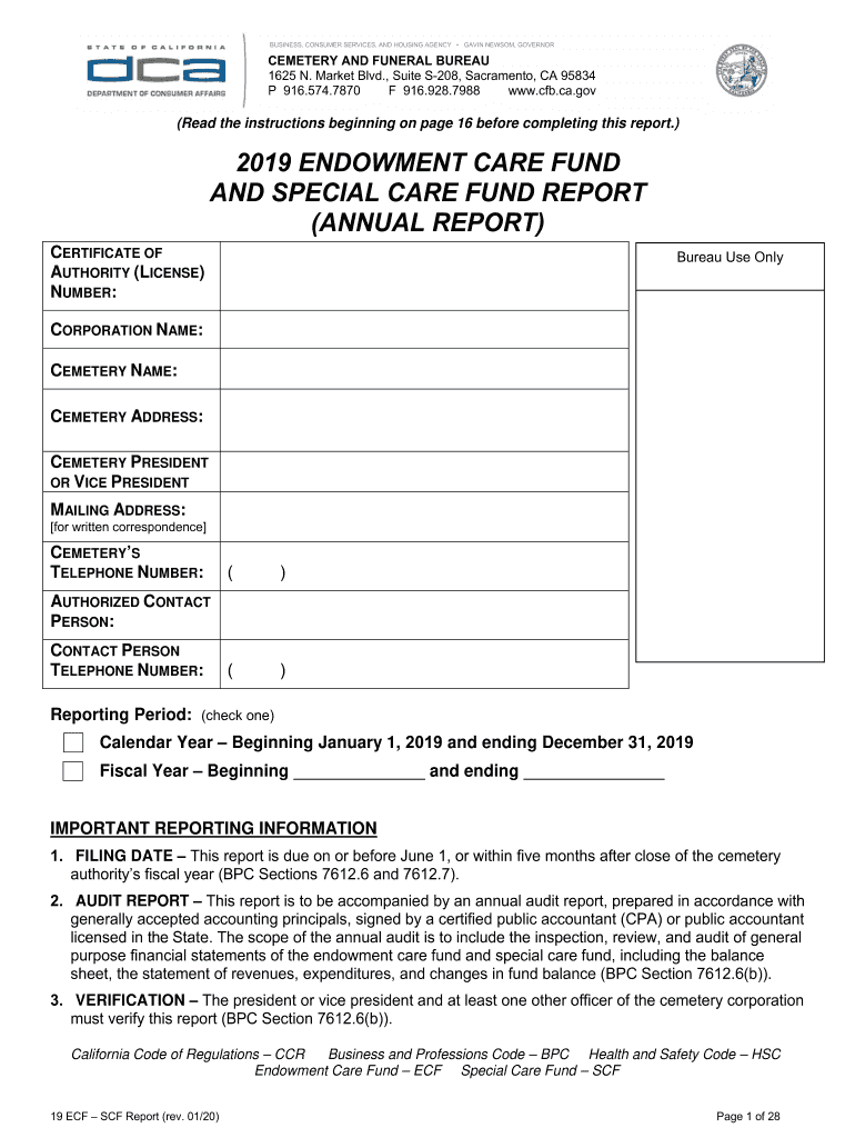 Fillable Online 2019 endowment care fund and special care fund report Fax Email Print - pdfFiller