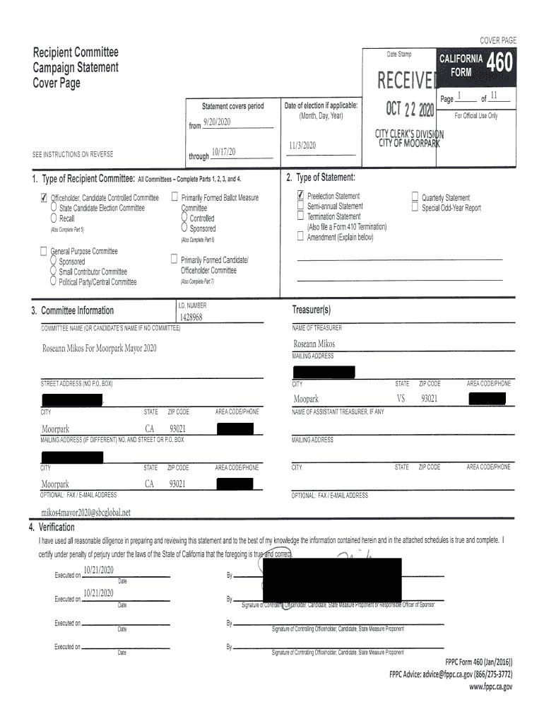 Fillable Online Form 460 Campaign Statement for Roseann Mikos - 09/20 ...
