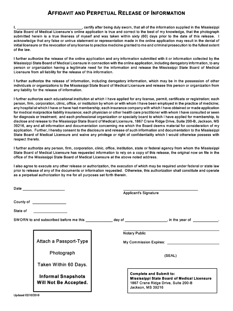 Fillable Online Affidavit and Release form - Mississippi State Board of ...