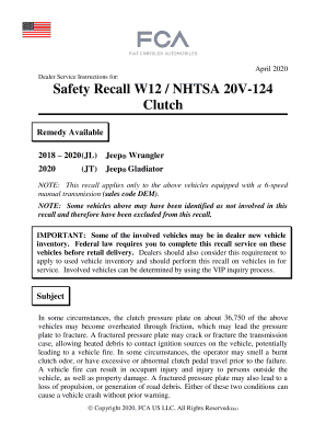 Fillable Online Safety Recall W12 / NHTSA 20V-124 Clutch Fax Email ...
