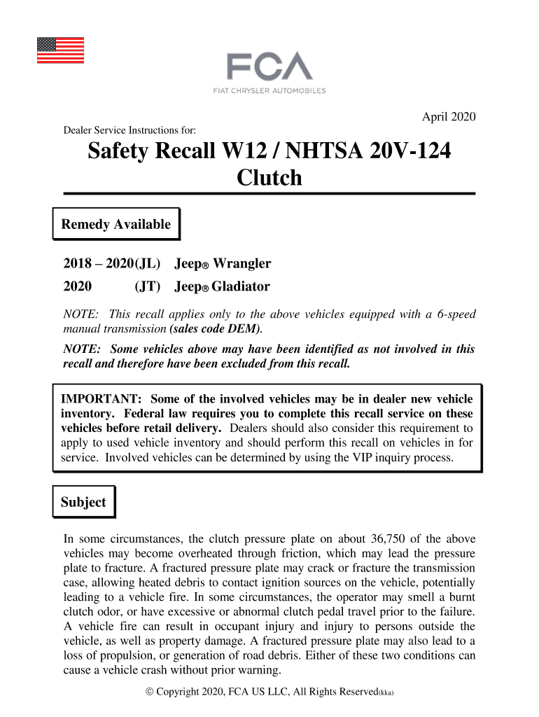 Fillable Online Safety Recall W12 / NHTSA 20V-124 Clutch Fax Email ...
