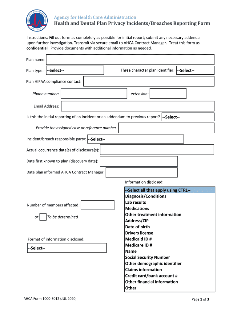 Fillable Online Health and Dental Plan Privacy Incidents/Breaches ...