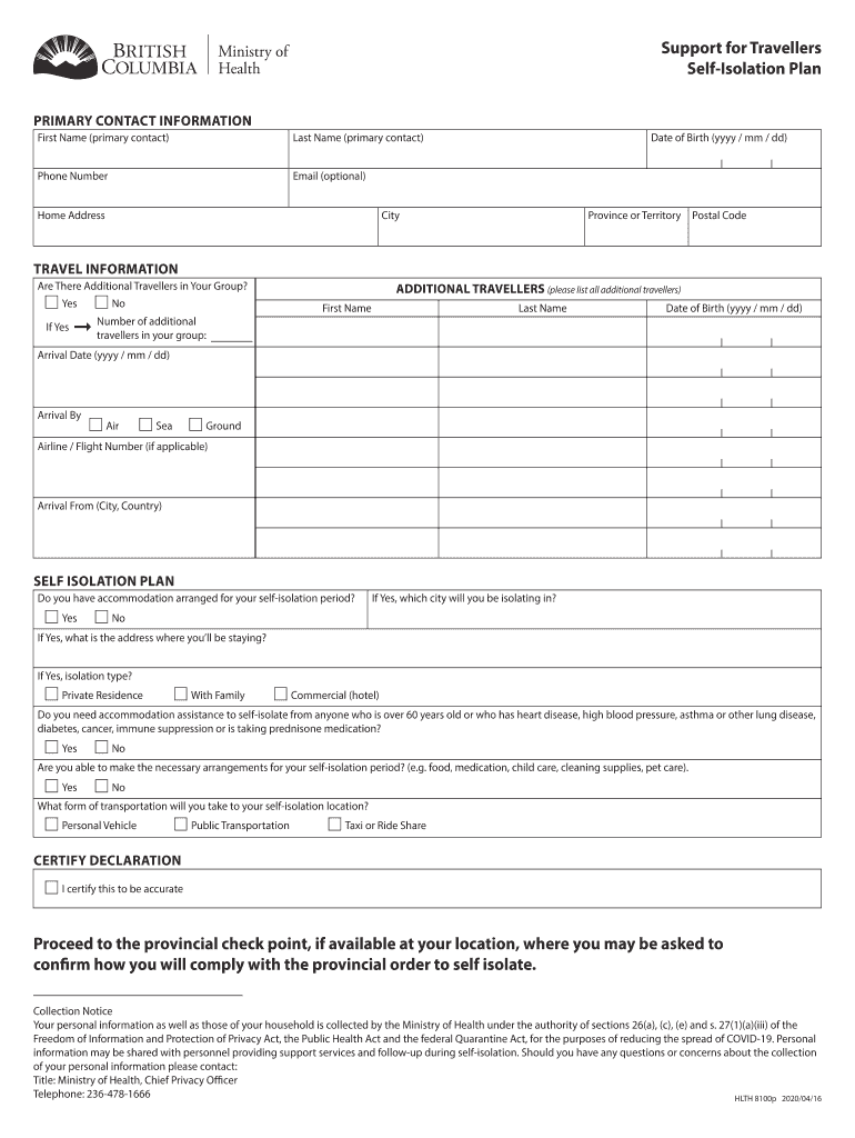 Fillable Online Travel Declaration & Self Isolation Form - JotForm Fax ...