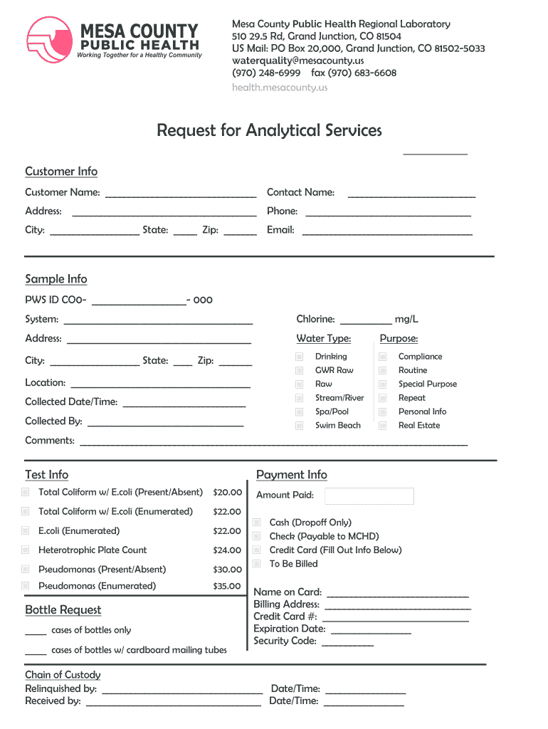 Fillable Online health mesacounty PDF Request for Analytical Services - Mesa County Public ...