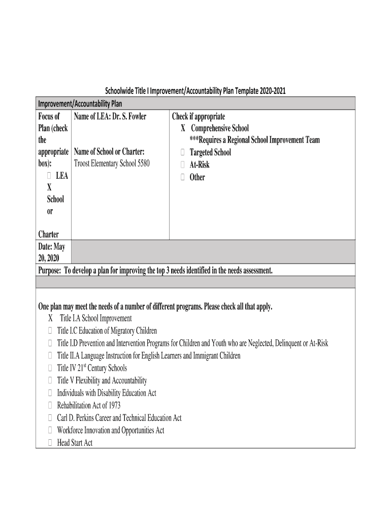 Fillable Online Schoolwide Title I Improvement/Accountability Plan ...