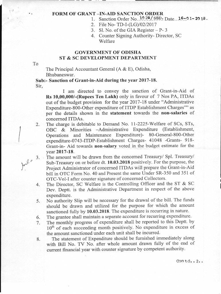 Fillable Online FORM OF GRANT -IN-AID SANCTION ORDER 1. Sanction ...