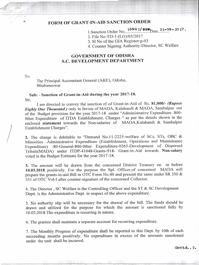 Fillable Online FORM OF GRANT-IN-AID SANCTION ORDER 169 8 2/ 21-09 ...