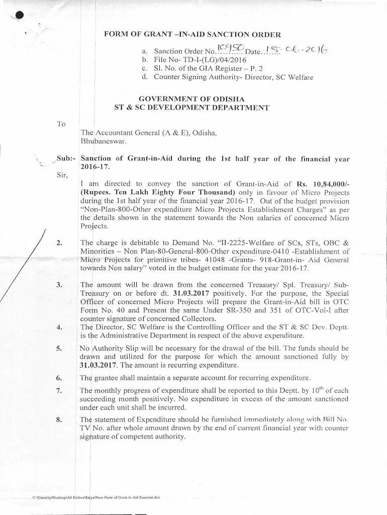 Fillable Online FORM OF GRANT IN-AID SANCTION ORDER a. Sanction Order ...