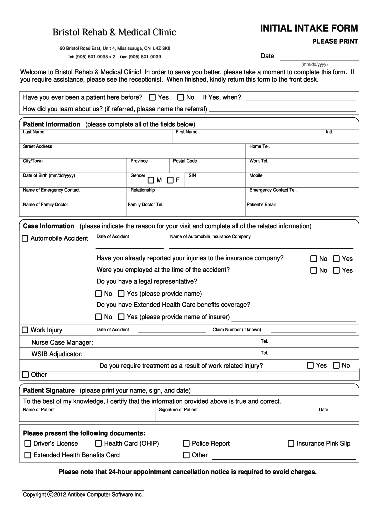 Fillable Online initial intake form - Bristol Rehab and Medical Clinic ...