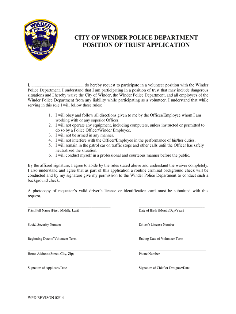 Fillable Online CITY OF WINDER POLICE DEPARTMENT POSITION OF TRUST Fax ...