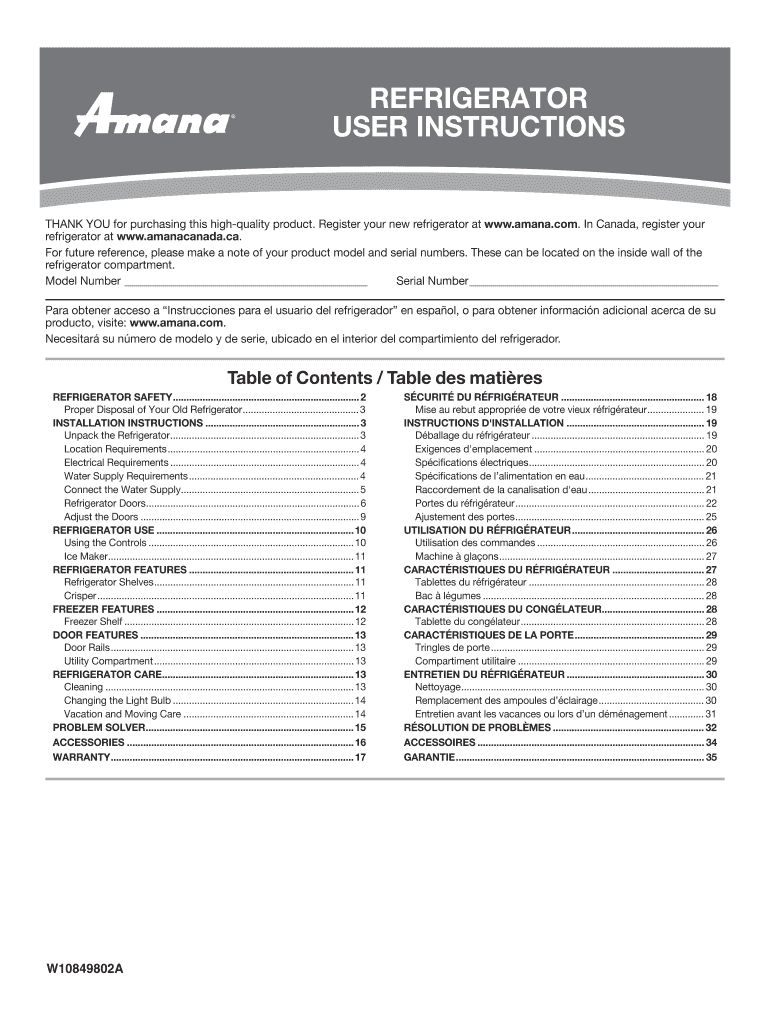 Fillable Online Side-by-Side Refrigerator Owner's Manual - Amana ...